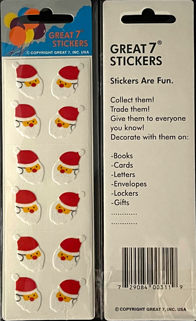 12 packages of Fuzzy Santa Claus Stickers, "Great 7" Sticker Designs ...