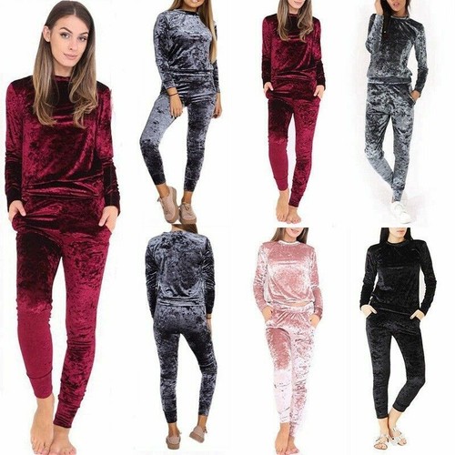WOMENS LADIES VELVET VELOUR CRUSHED 2PCS JOGGING TOP LOUNGEWEAR ...