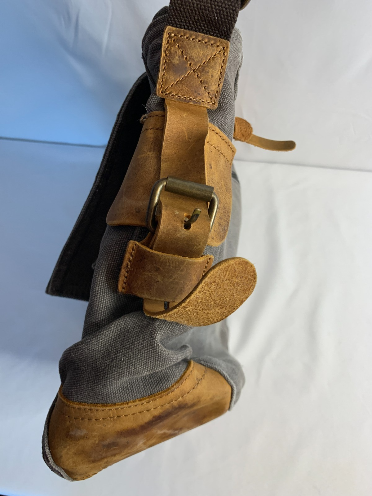 WOWBOX GRAY DISTRESSED CANVAS KNAPSACK BRIEFCASE w/ GENUINE BROWN ...