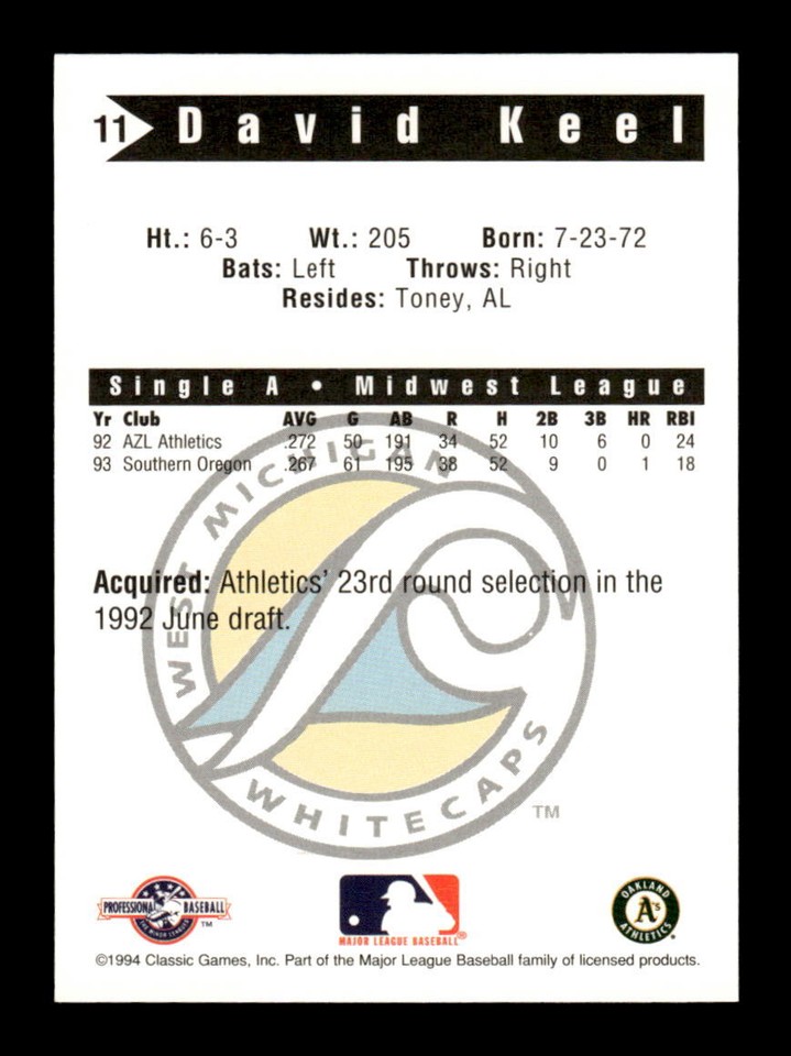 1994 Classic Best West Michigan Whitecaps David Keel #11 | eBay