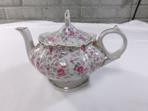 Vtg Lefton Porcelain Musical Teapot Hand Painted Chintz Floral Pink ...