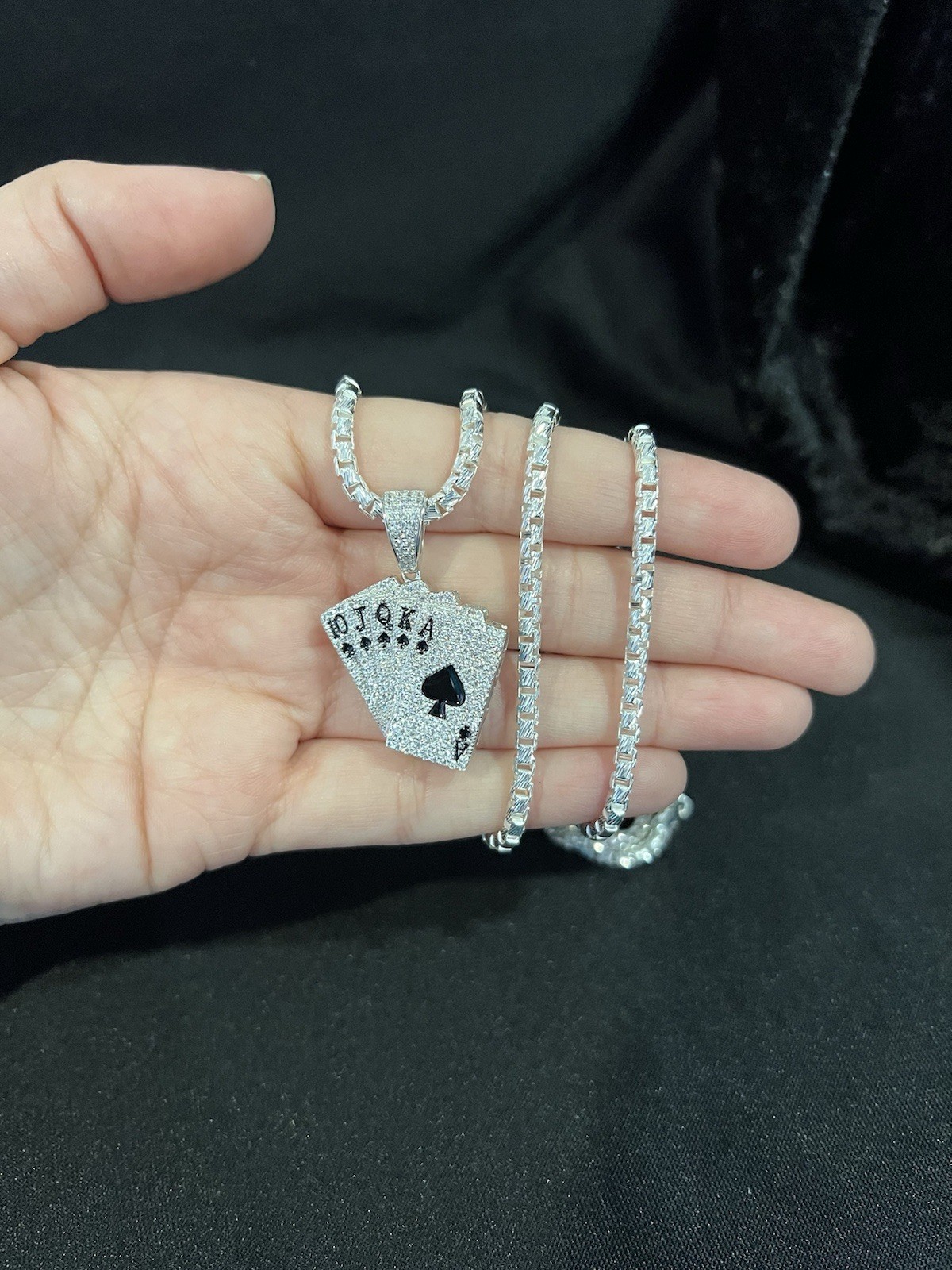 925 Sterling Silver Men Women Royal Flush Ace of Spade Poker Box Chain ...
