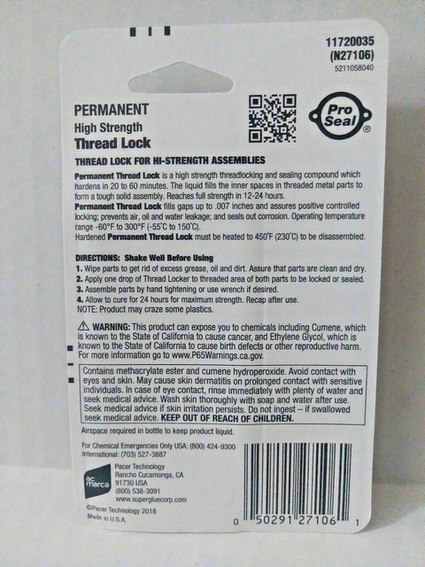 Pro Seal Permanent High Strength Thread Lock 27106 for sale online | eBay
