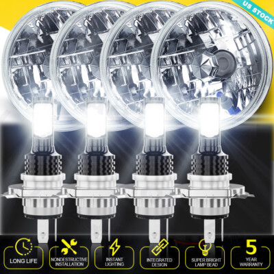 4PCS 5 3/4" 5.75 round Projector LED Headlights Sealed Beam Halo Ring ...