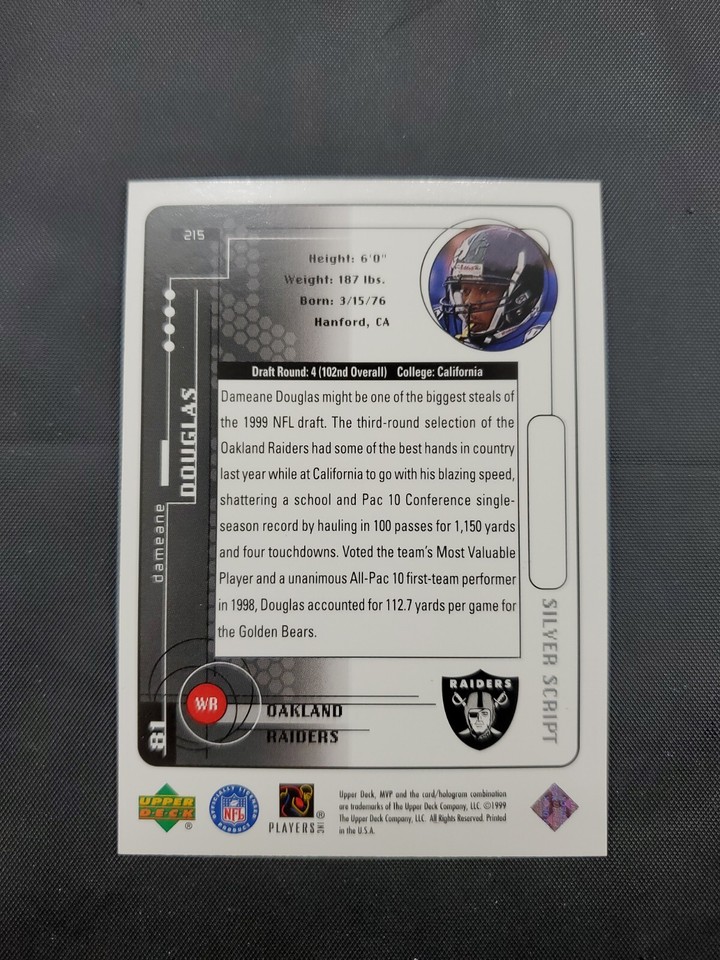 1999 Upper Deck Football Card MVP 215 Oakland Raiders Dameane Douglas ...