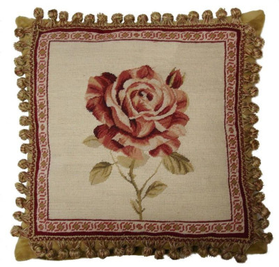 16" x 16" Handmade Wool Needlepoint Petit Point Red Rose Pillow with ...