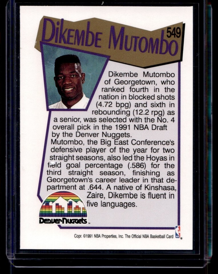 1991-92 Hoops NM-MT Or Better Dikembe Mutombo Rookie A17 Denver Nuggets ...