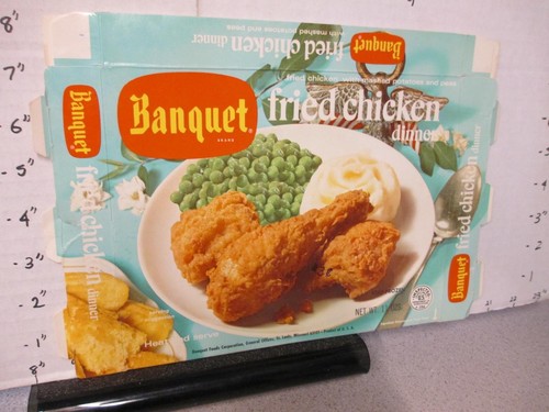 BANQUET TV dinner FRIED CHICKEN box 1972 frozen food peas mash potato ...