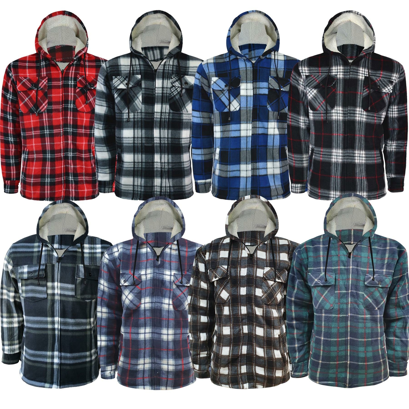 Mens Hooded Fleece Padded Lumberjack Shirt Jacket Fur Lined Sherpa Warm ...