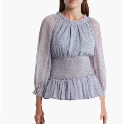 French Connection Smocked Long Sleeve blue chiffon peplum blouse sz 10 ...