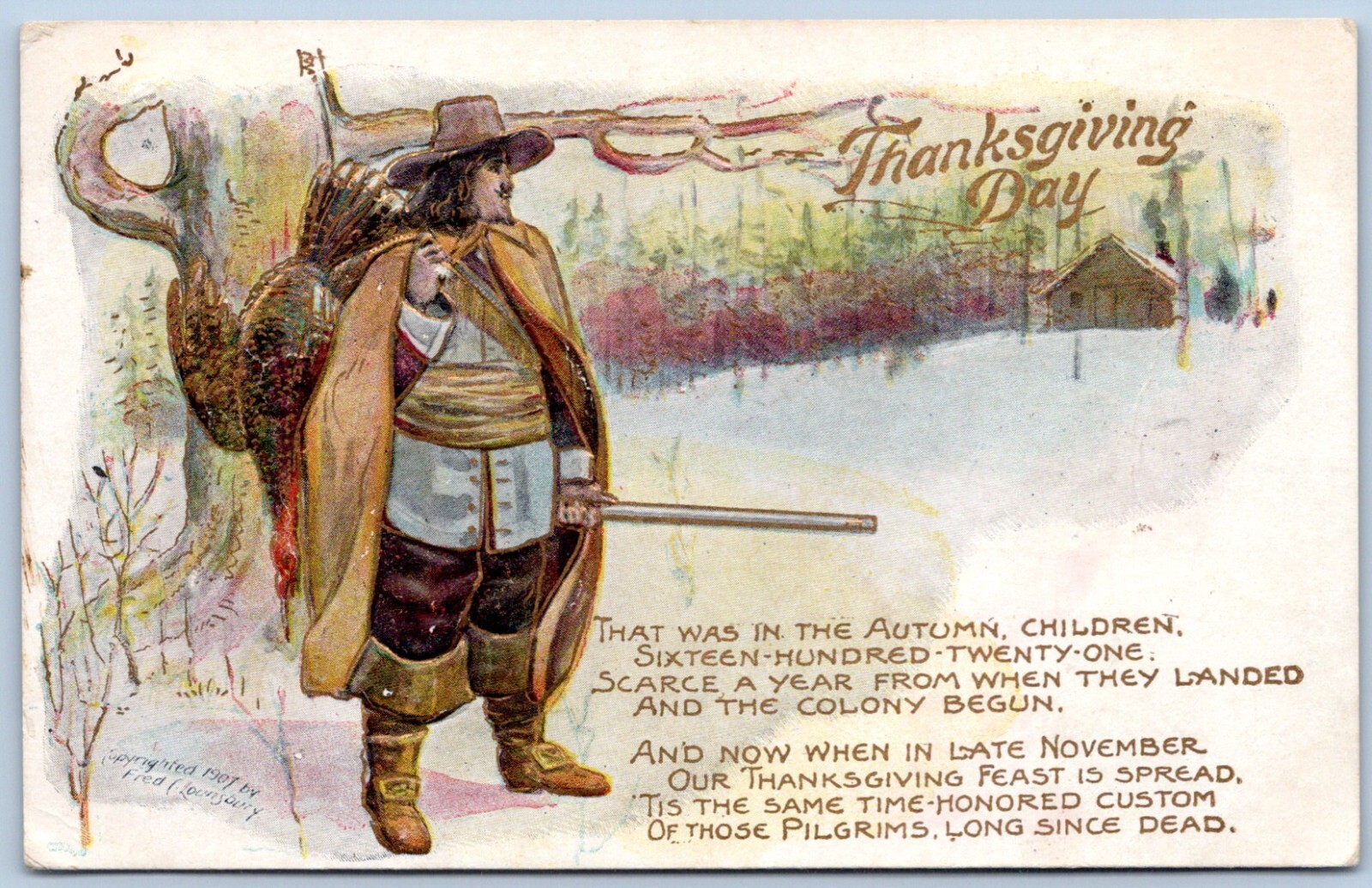 Postcard Thanksgiving Day Pilgrim Hunter Turkey Gun Signed Fred ...