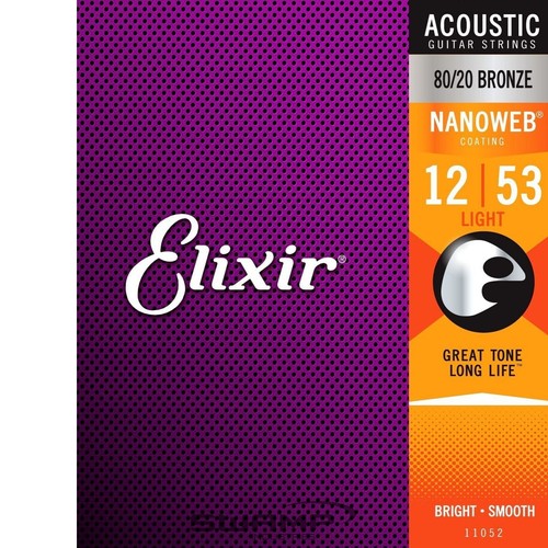 Elixir Nanoweb 80/20 Bronze Steel Acoustic Guitar Strings - Light Gauge ...