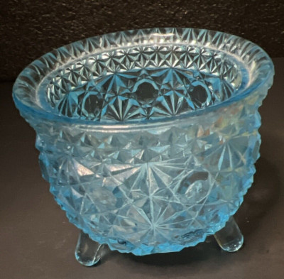 Vintage Fenton Blue Glass Daisy And Button 3 Footed Condiments Cauldron ...