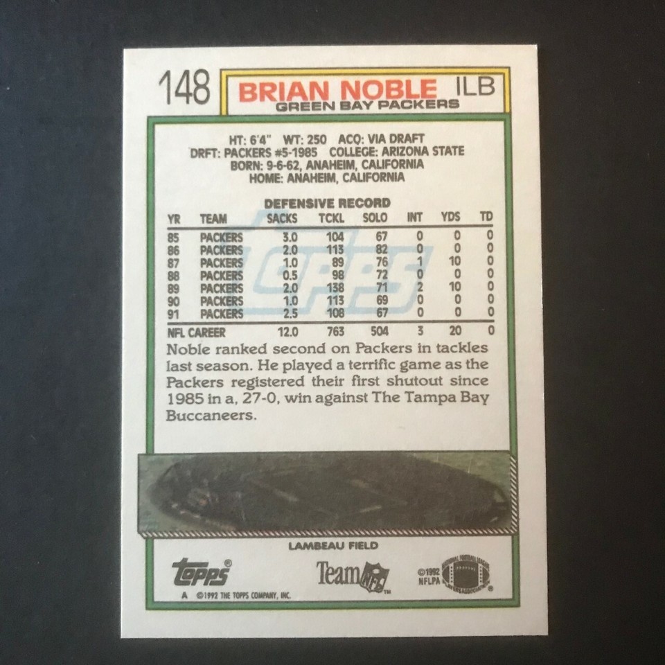 1992 Topps BRIAN NOBLE #148 Green Bay Packers ASU Arizona State Sun ...