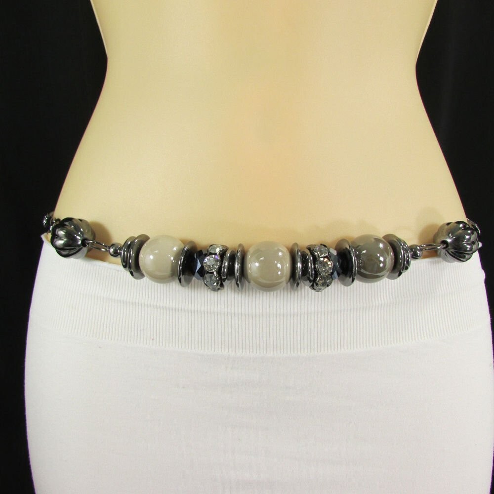 Women Hip Waist Pewter Metal Chain Silver Bling Belt Big Beige Ivory ...