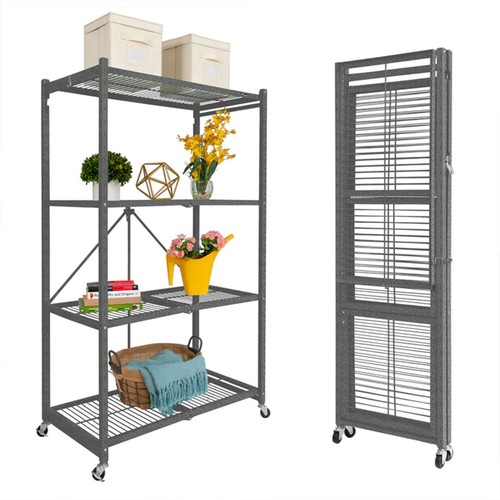 Origami 4 Tier Heavy Duty Folding Storage Rack w/ Wheels, Gray (Open ...