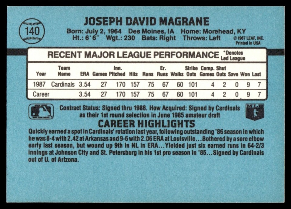 1988 Donruss #140 Joe Magrane Rookie St. Louis Cardinals | eBay