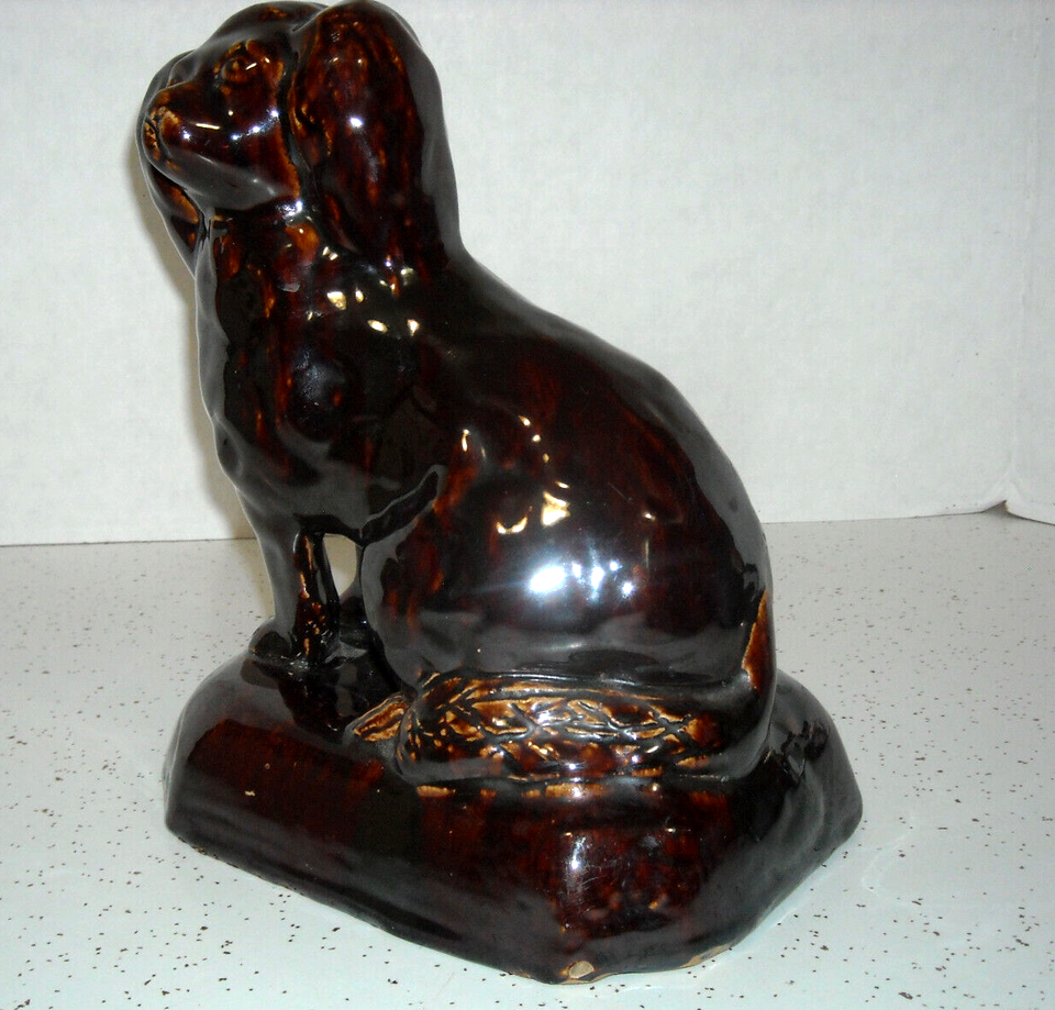 Tall 9 3/4" Rockingham Glazed Yellow Ware Figural Spaniel Dog Stoneware ...