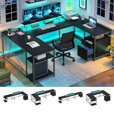 79" LED U-Shaped Gaming Desk W/ Power Outlets L Shaped Desk Corner ...