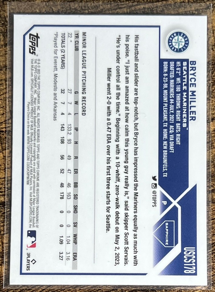 2023 Topps Chrome Update Sapphire Bryce Miller Rookie #USCS178 Mariners ...