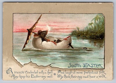 1886 LOUIS PRANG COMICAL EASTER CARD MOUSE FLOATS IN EGG SHELL BOAT ...