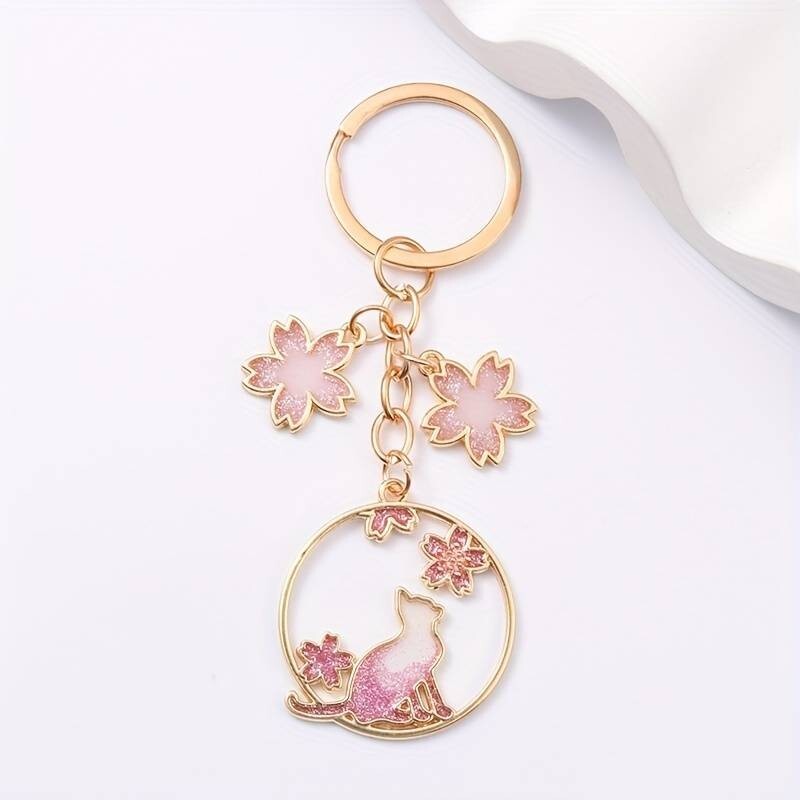 Sakura Flower Cat Keychain Glitter Cute Animal Key Ring Car Key Charm ...