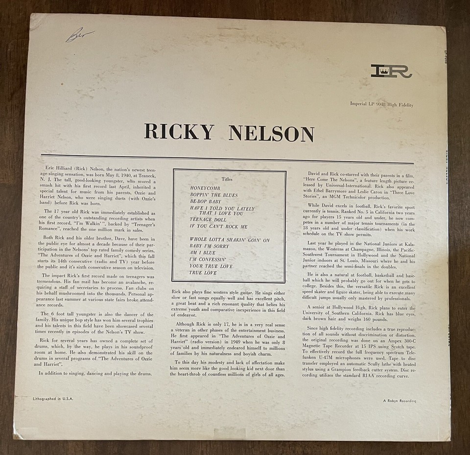 Ricky Nelson Ricky 1957 EX Rock And Roll LP Imperial LP 9048 Record ...