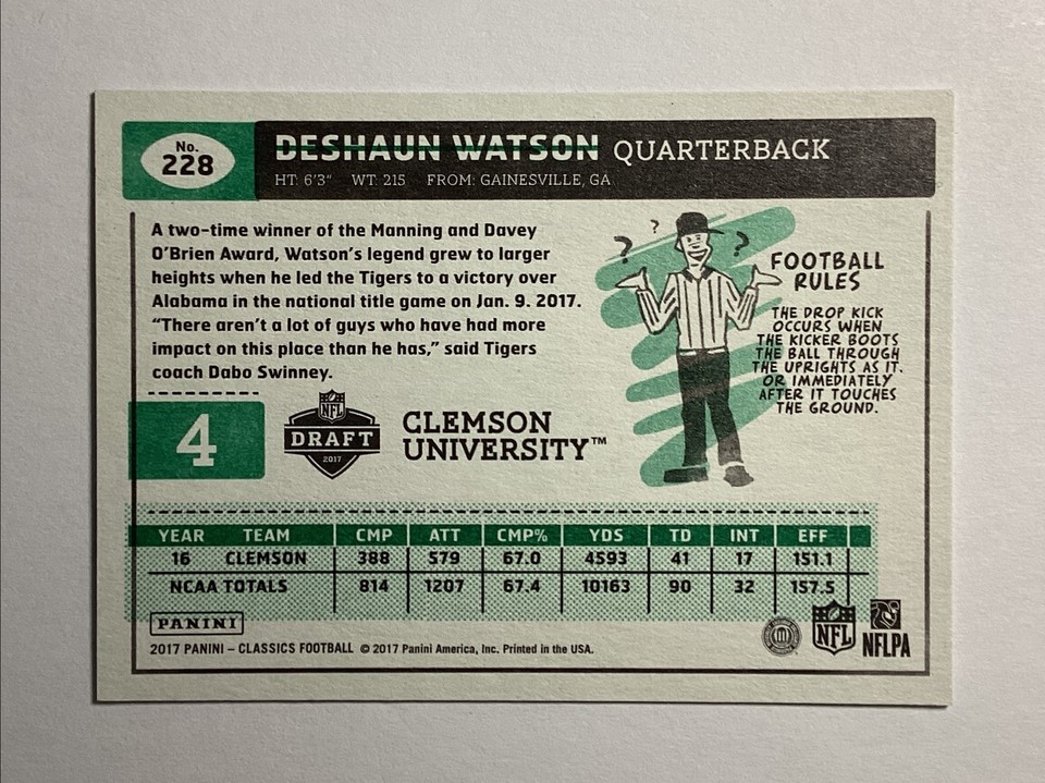 2017 Classics #228 DeShaun Watson RC GLOSSY Gold Border SP - Clemson ...