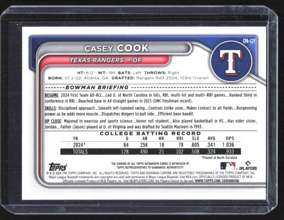 2024 Bowman Draft 1st Casey Cook Auto Texas Rangers #CPA-CCY | eBay