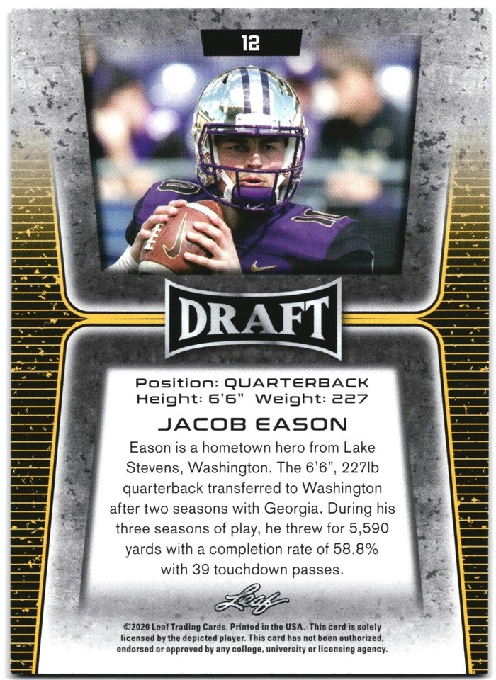 2020 Leaf Draft Football Jacob Eason Rookie Yellow Washington #12 | eBay
