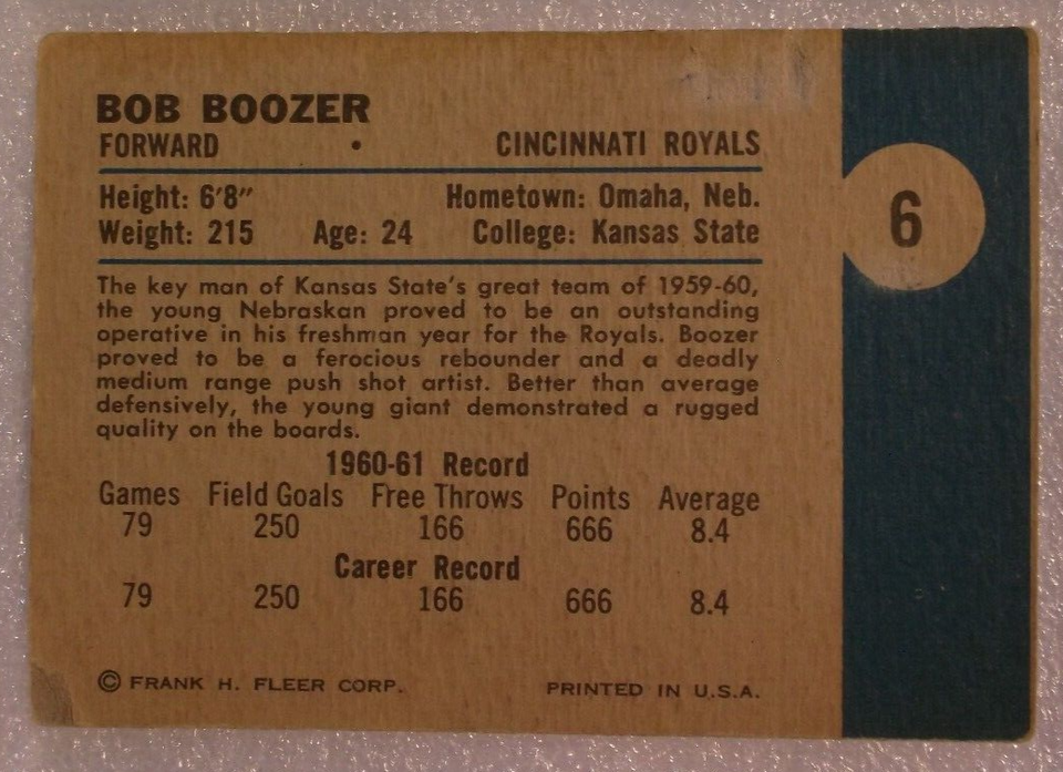 Collectible 1961 Fleer Bob Boozer Basketball Trading Card (#6) | eBay