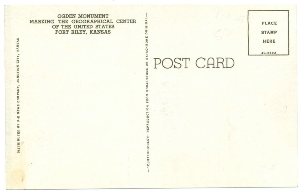 Fort Riley Kansas Geographical Center of US Ogden Monument vintage ...