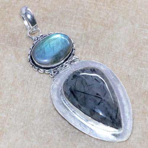 Natural Black Rutile Fiery Labradorite 925 Silver Plated Pendant 2.6 ...