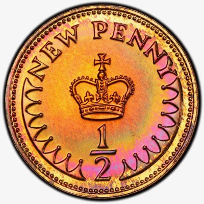 PR68RB 1979 Great Britain 1/2 Penny Proof, PCGS- Rainbow Toned Solo Top ...
