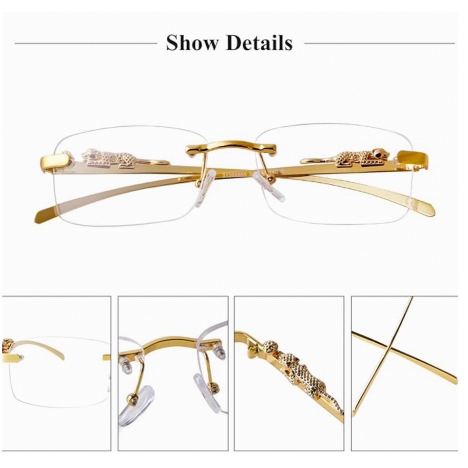 Gold Wire Frame Rimless Men's Luxury Leopard Hip Hop Retro Clear Lens ...