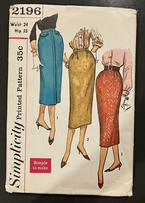 Vintage 1950s Sewing Pattern Simplicity 2196 Skirt Waist 24 Hip 33 | eBay