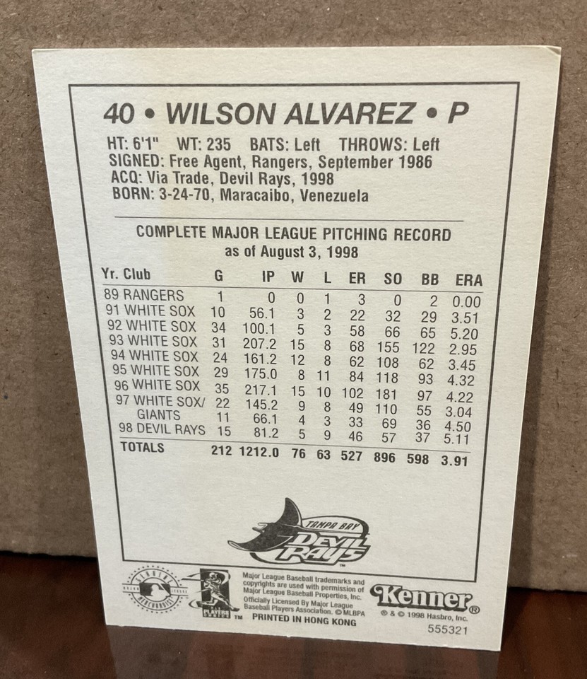 WILSON ALVAREZ 1999 KENNER STARTING LINEUP CARD - TAMPA BAY DEVIL RAYS ...