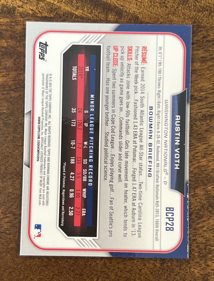 2015 Bowman Chrome Austin Voth 1st Prospect Card Washington National ...