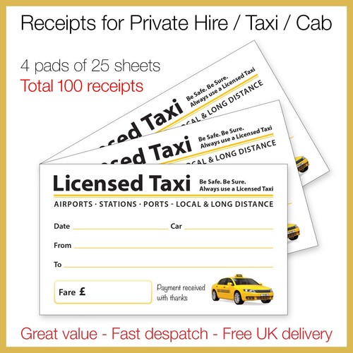 100 Taxi Receipts Pack of 4 Pads / Private Hire / Minicab /Tickets FREE ...