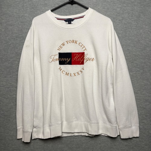 Y2K Tommy Hilfiger White Embroidered Crew Neck sweater Men XL | eBay