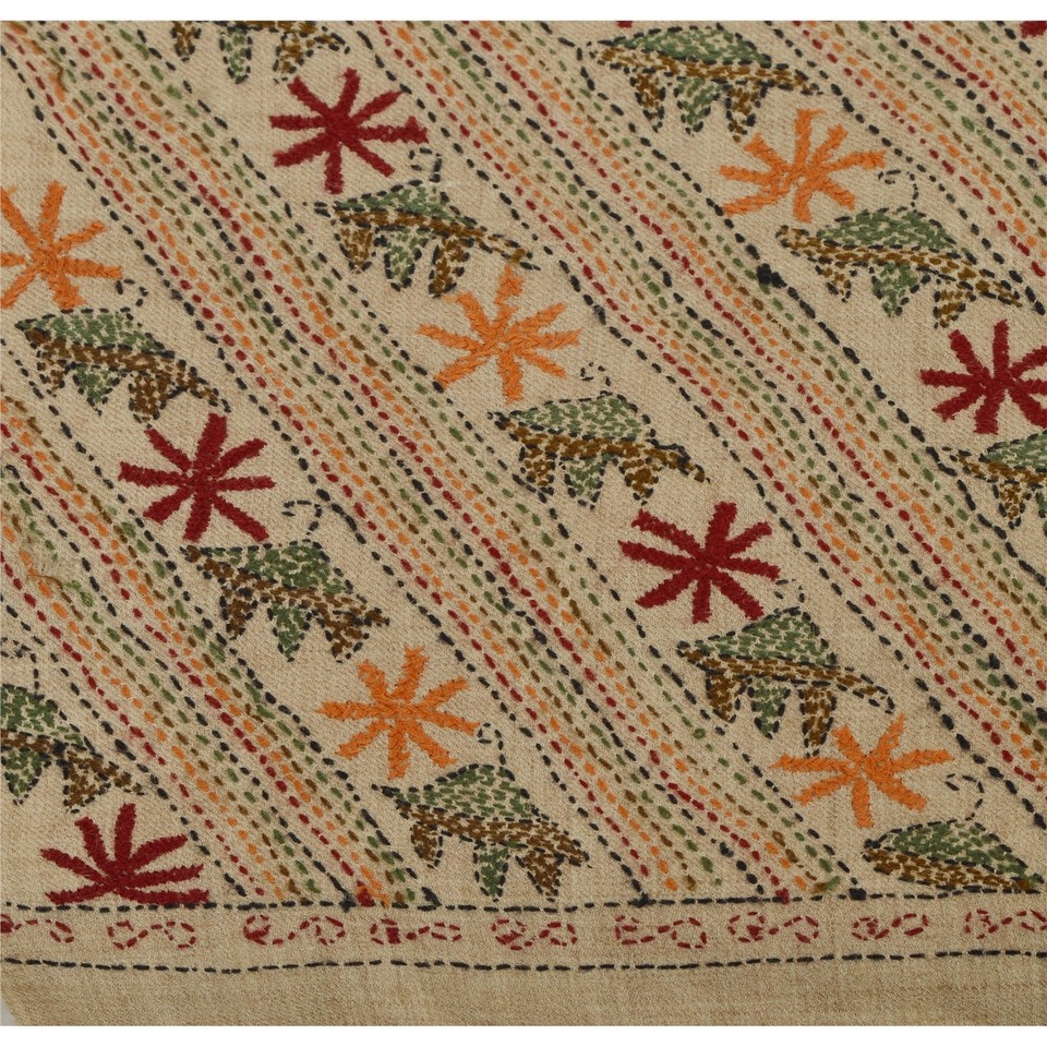 Sanskriti Vintage Pure Woolen Cream Hand Embroidered Kantha Shawl Throw ...
