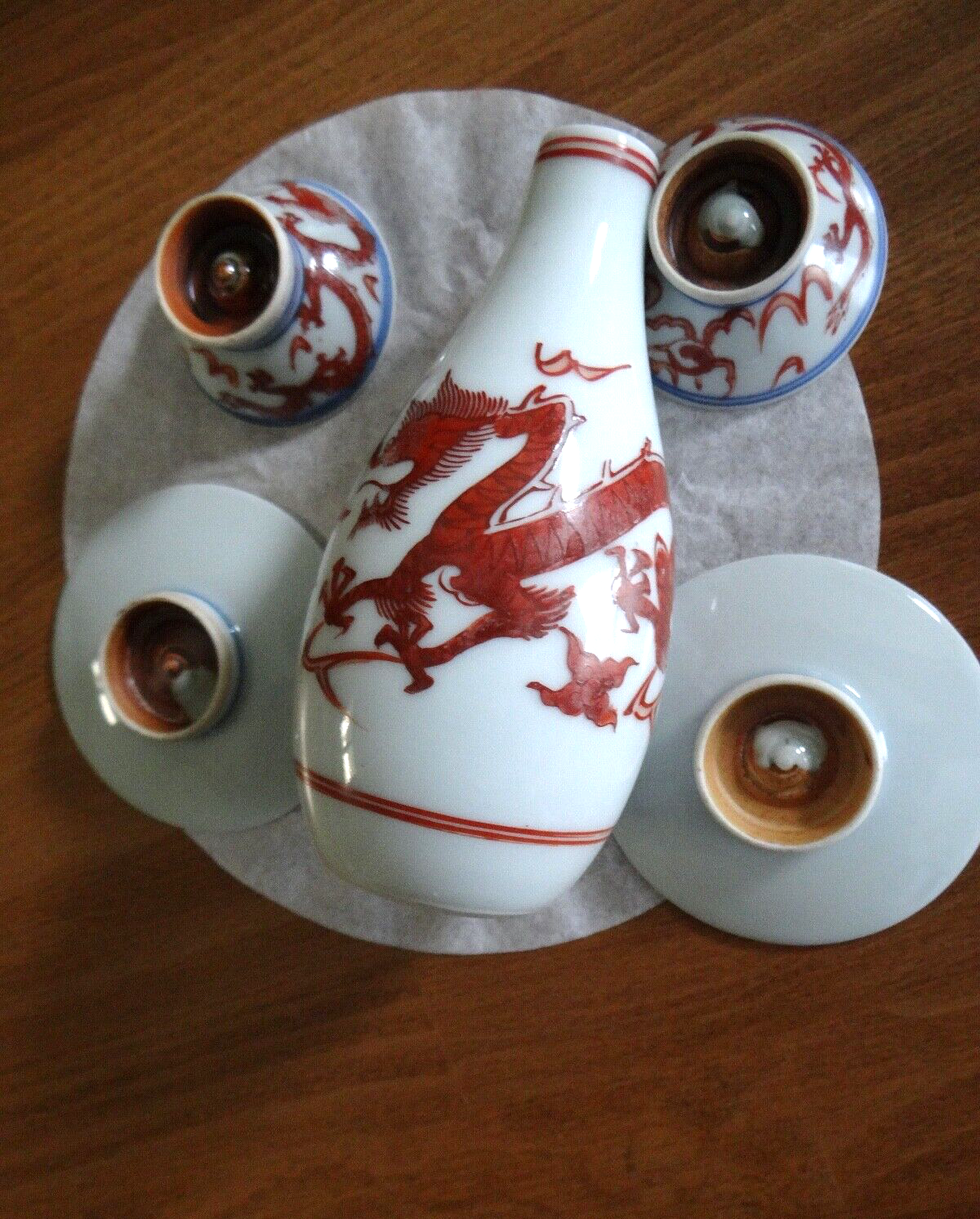 Vintage Japanese Porcelain Sake Set Dragon Decanter Cups Saucer 5 ...
