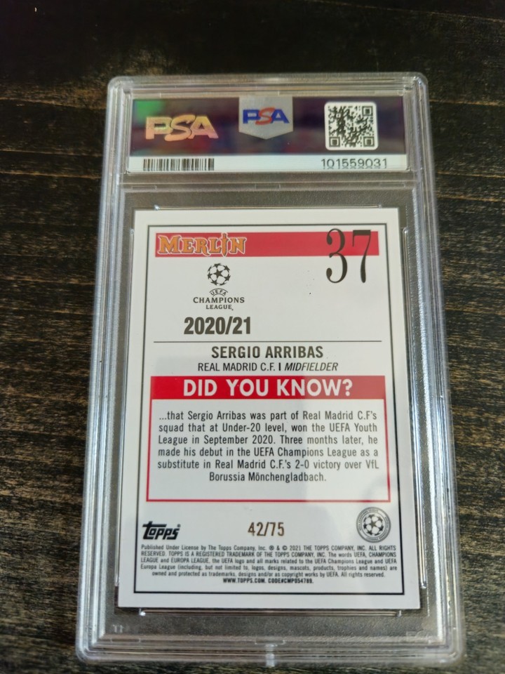2020 Merlin Chrome UCL Sergio Arribas Blue Shimmer Refractor PSA 9 # 42 ...