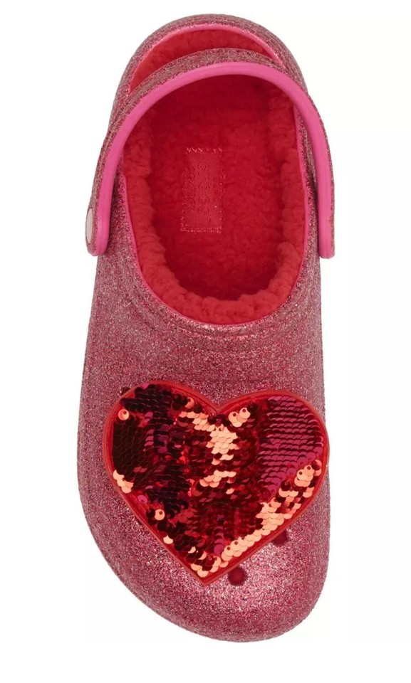 CROCS Classic Lined Pink Glitter Heart Clog Valentine's Day Sequin M6 ...