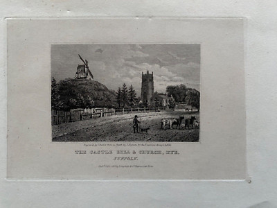 1819 Antique Print; Castle Hill & Church, Eye, Suffolk after Higham ...