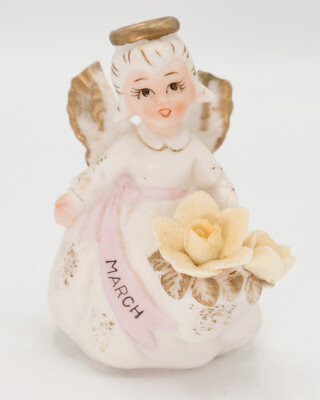 Vintage Lefton March Birthday Angel 3332 Pink Sash Yellow Flowers ...