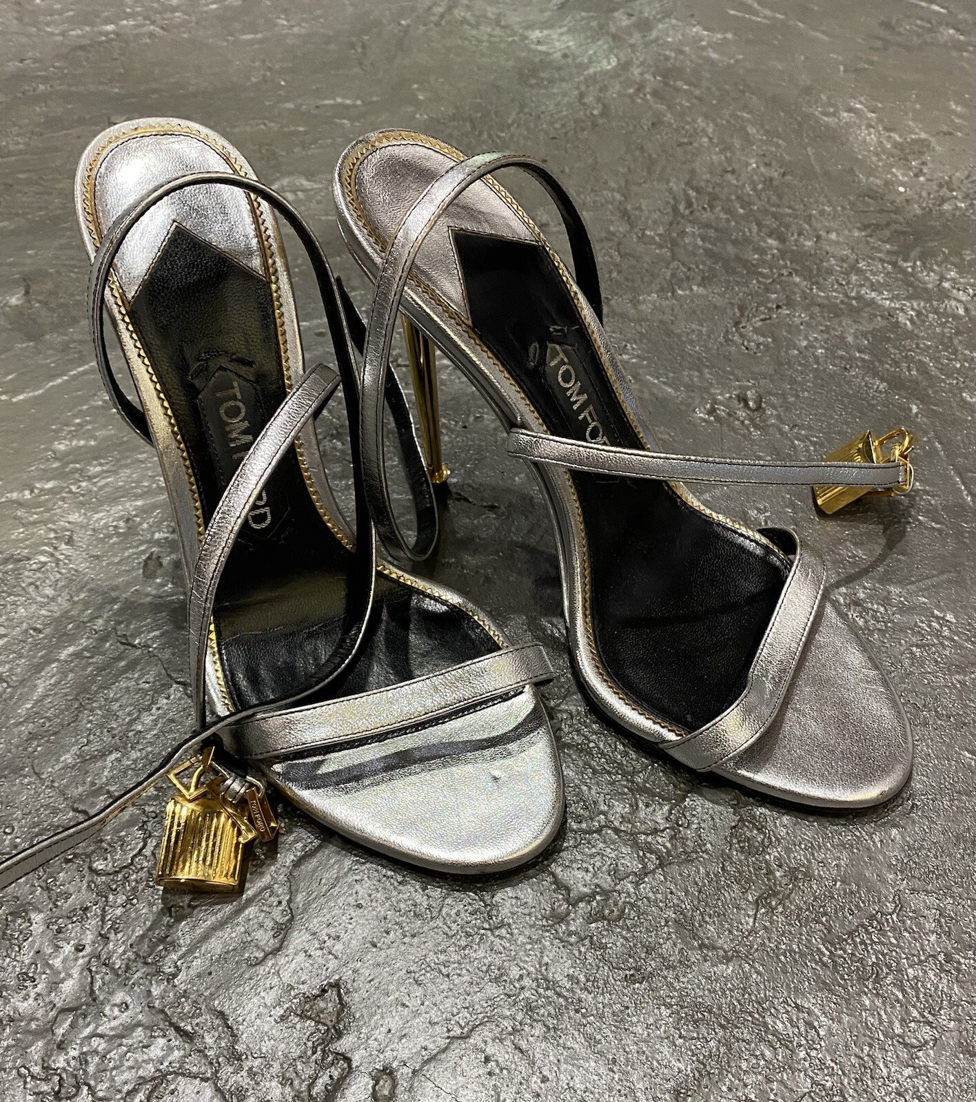 TOM FORD Silver Metallic Leather Padlock Stiletto Hee… - Gem