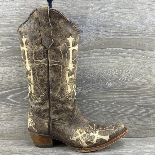 Circle G 7.5 M Brown Leather Embroidered Cross Snip Toe Cowgirl Cowboy ...