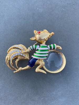 Vintage style gold plated glass jelly belly rolling circus mouse brooch ...