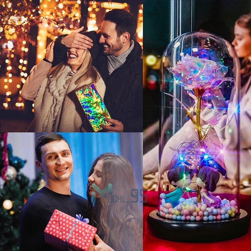 Rainbow Rose In Glass Crystal Flower Dome Rose LED Light Up Rose ...